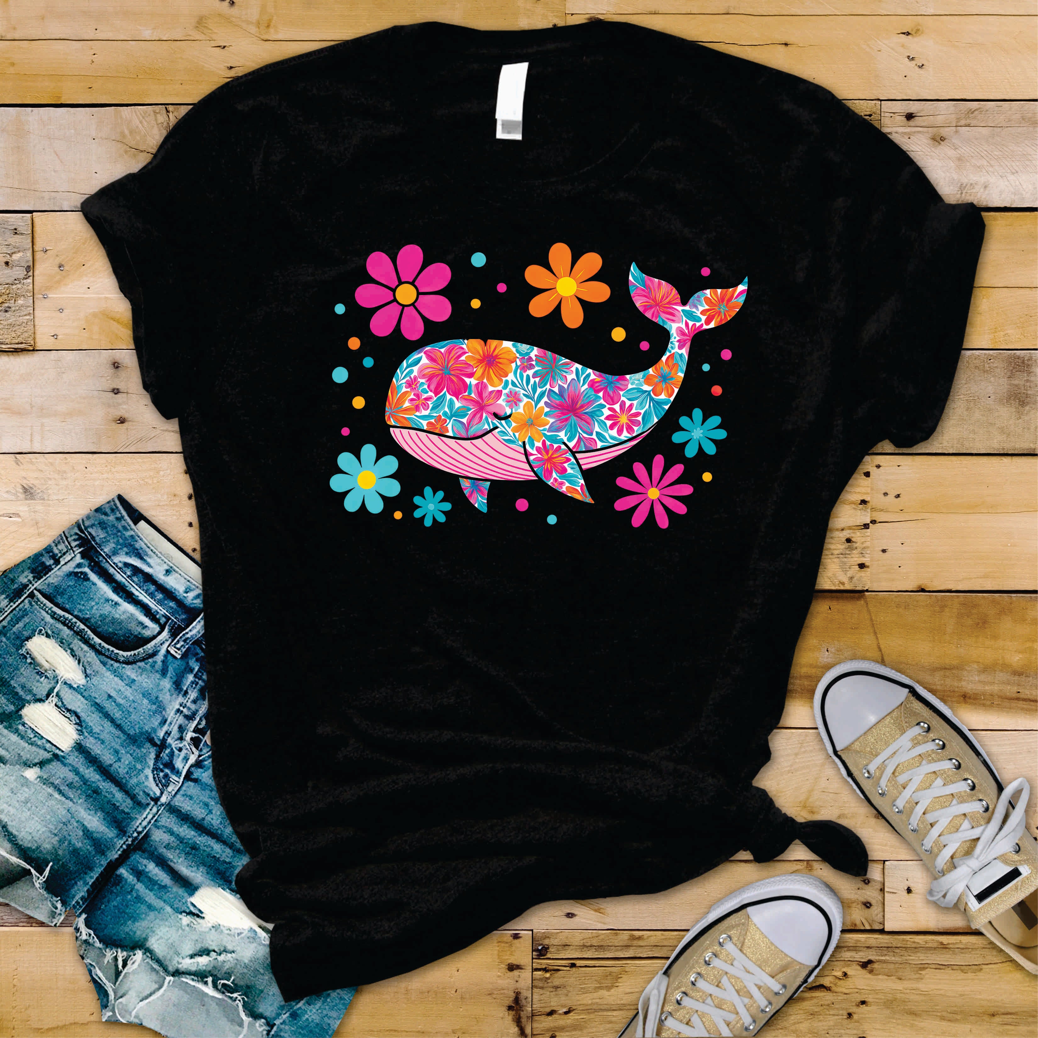 Bright Floral Whale- Transfer